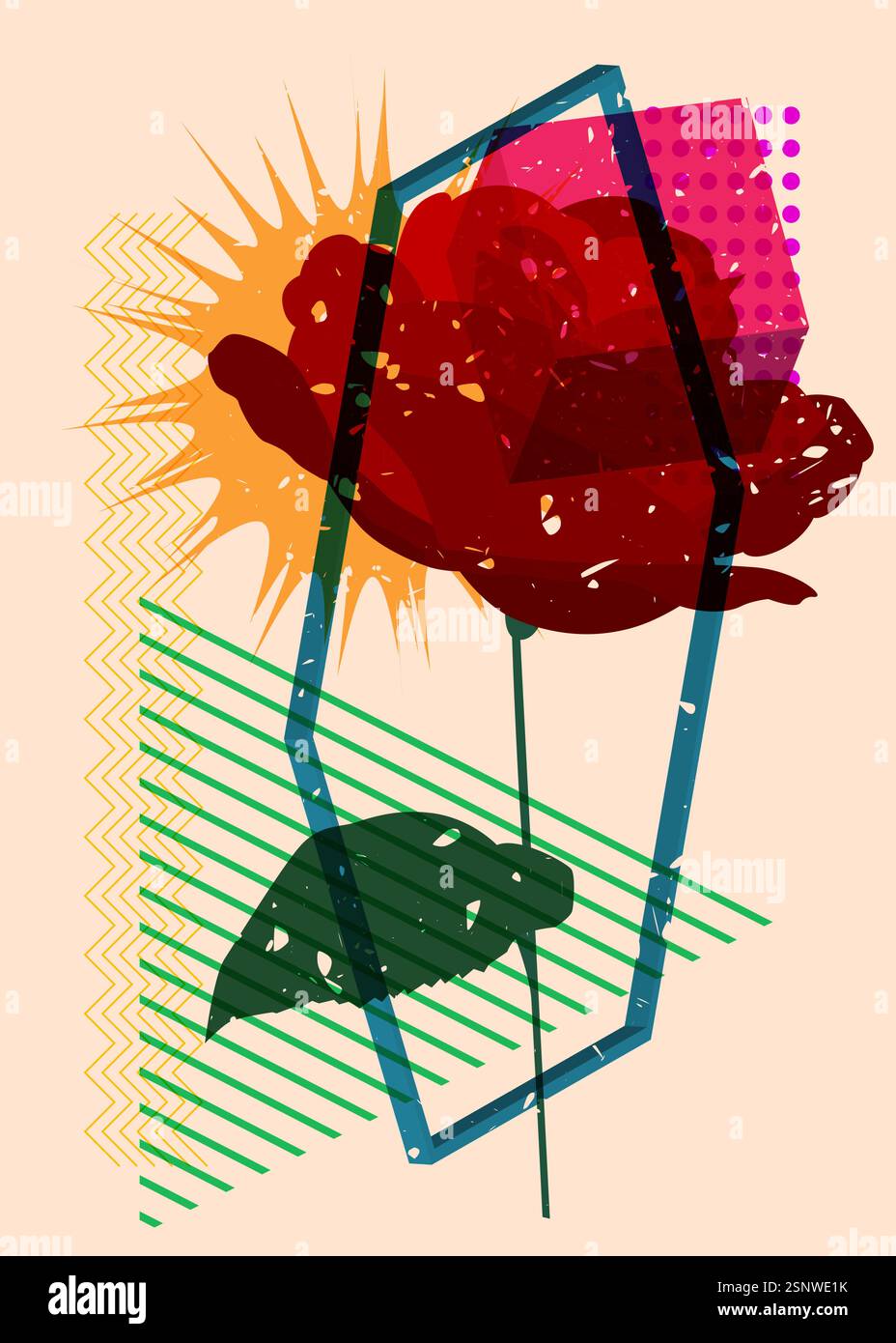 Risograph Rose with geometric shapes. Objects in trendy riso graph ...