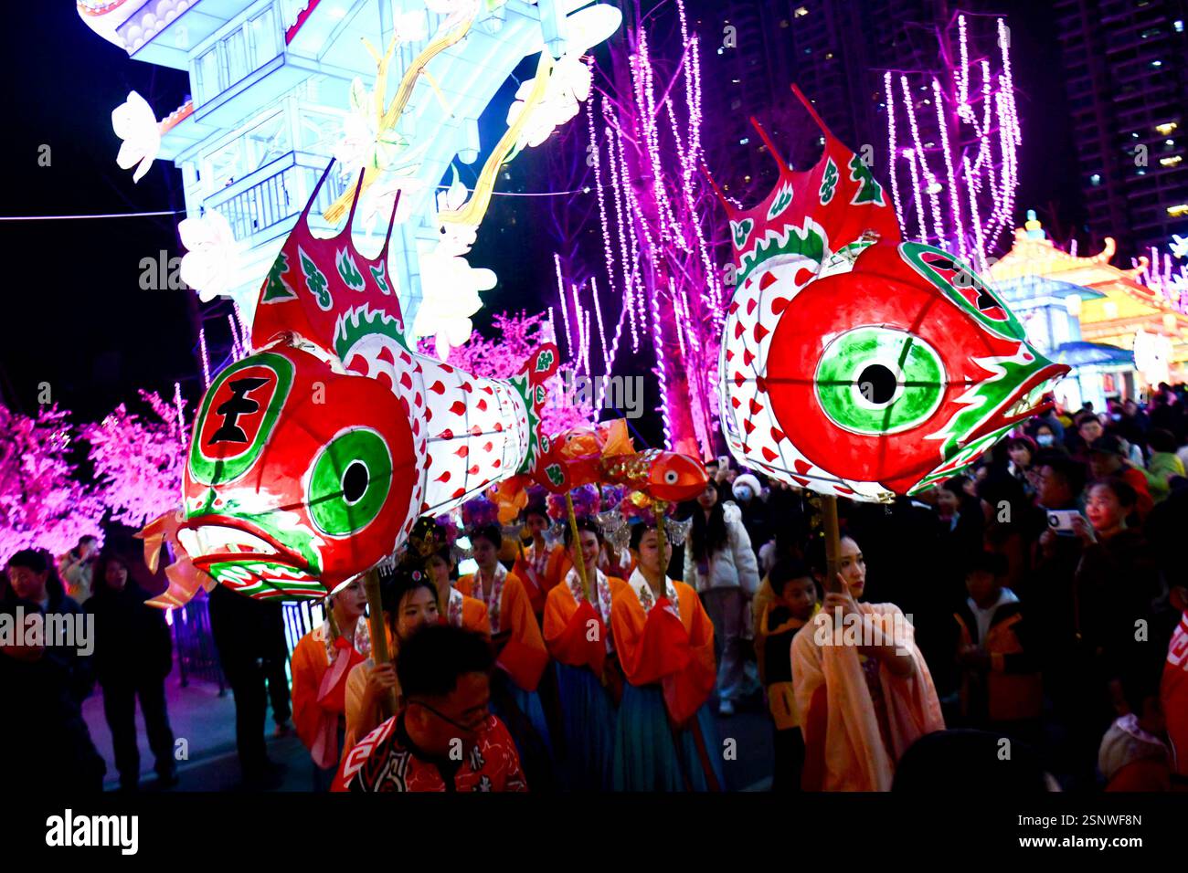 Chengdu,China.12th February 2025. Lanterns illuminate the night sky ...