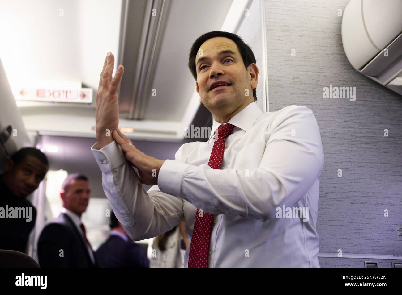 U.S. Secretary of State Marco Rubio speaks to media traveling with him ...