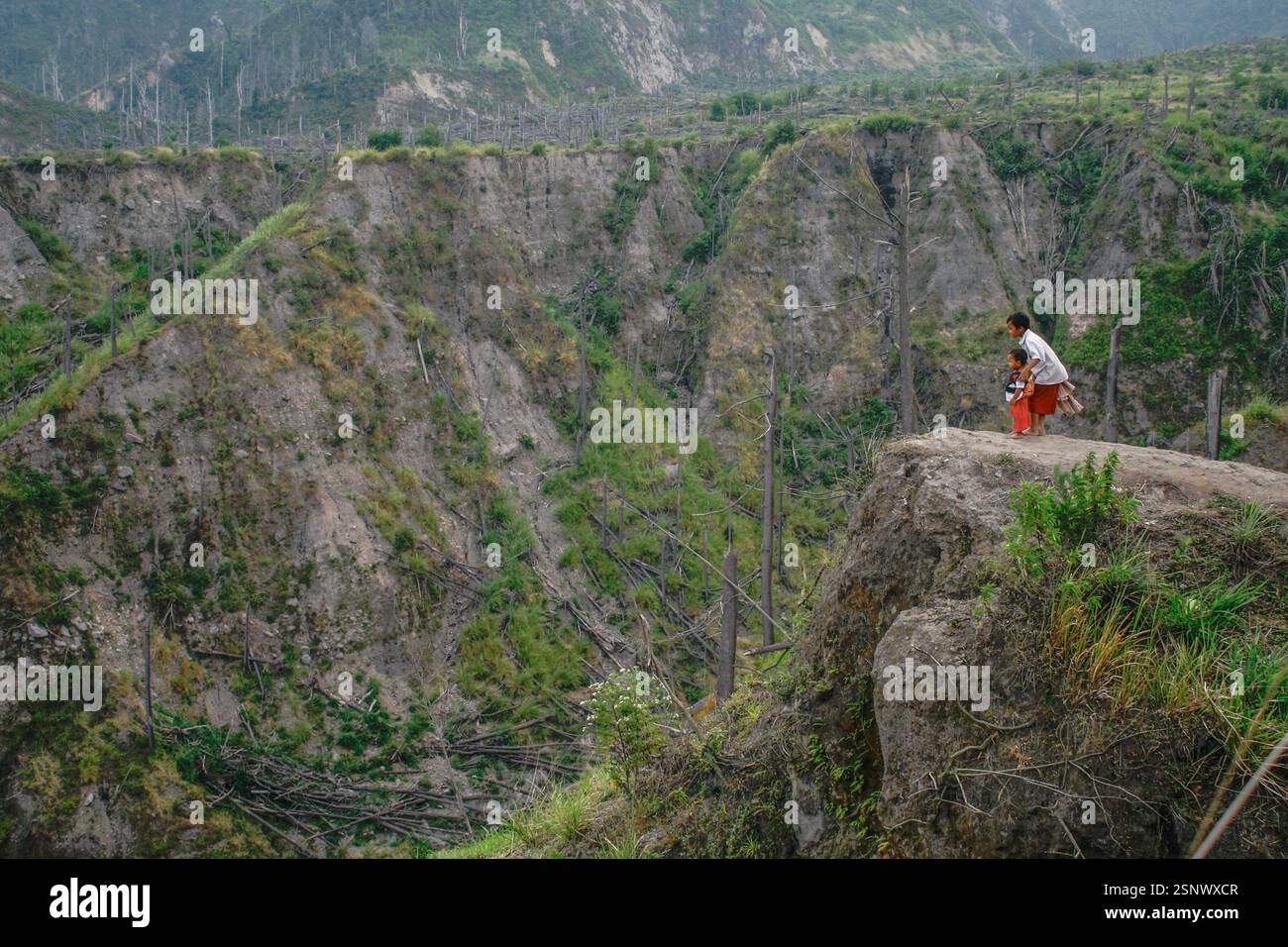 Two siblings explore the rugged landscape around a prominent volcano ...