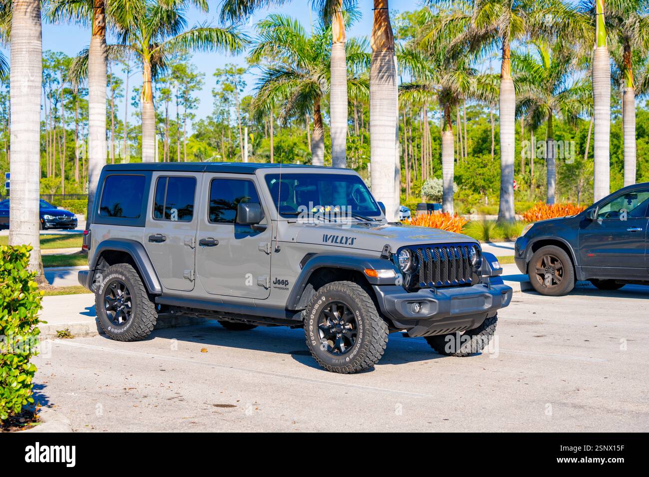 Naples, FL, USA - February 6, 2025: Jeep Wrangler Willys 4x4 vehicle ...