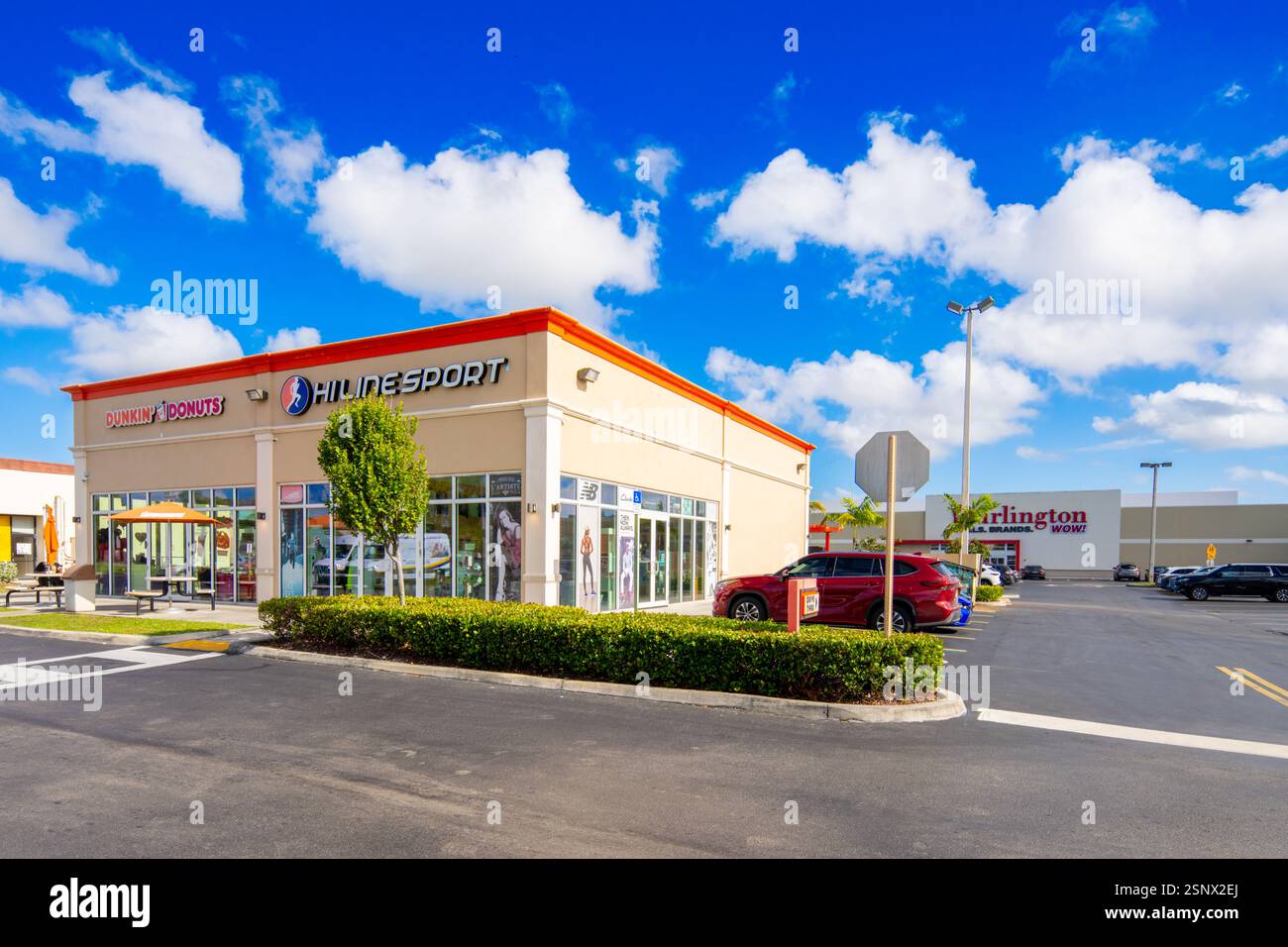 Miami, FL, USA - February 8, 2025: Dunkin donuts and Hiline Sports at ...