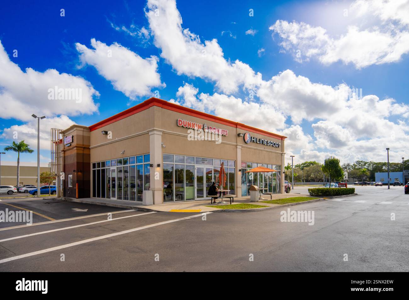 Miami, FL, USA - February 8, 2025: Dunkin donuts and Hiline Sports at ...
