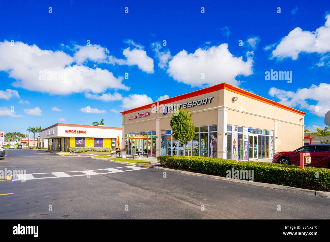 Miami, FL, USA - February 8, 2025: Dunkin donuts and Hiline Sports at ...
