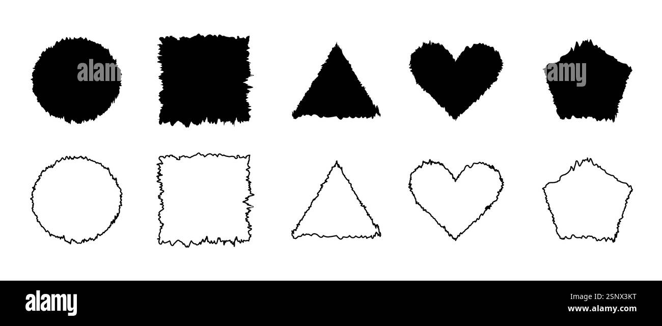 Jagged Geometric Forms. Black grunge frames. Square, heart, circle ...