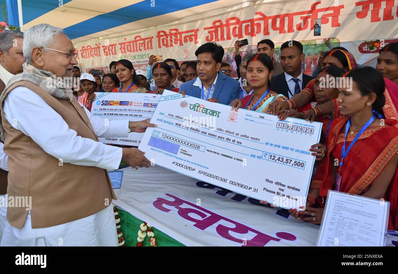 India. 13th Feb, 2025. GAYA, INDIA - FEBRUARY 13: Bihar Chief Minister Nitish Kumar presenting ...
