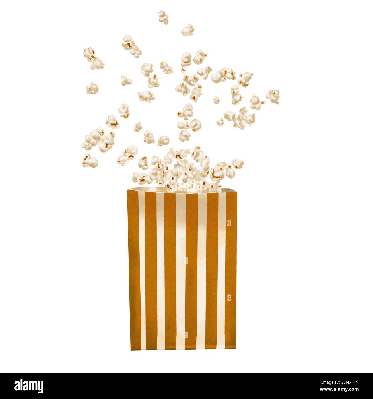 Popcorn flies out of a paper bag. A small crispy snack flies in ...