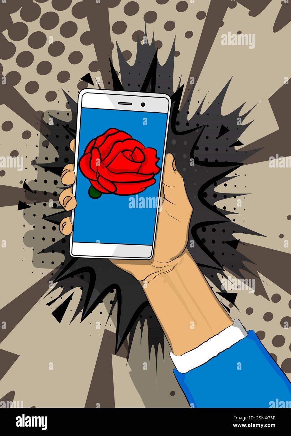 Cartoon Smartphone, comic book Telephone with Red Rose. Retro vector ...