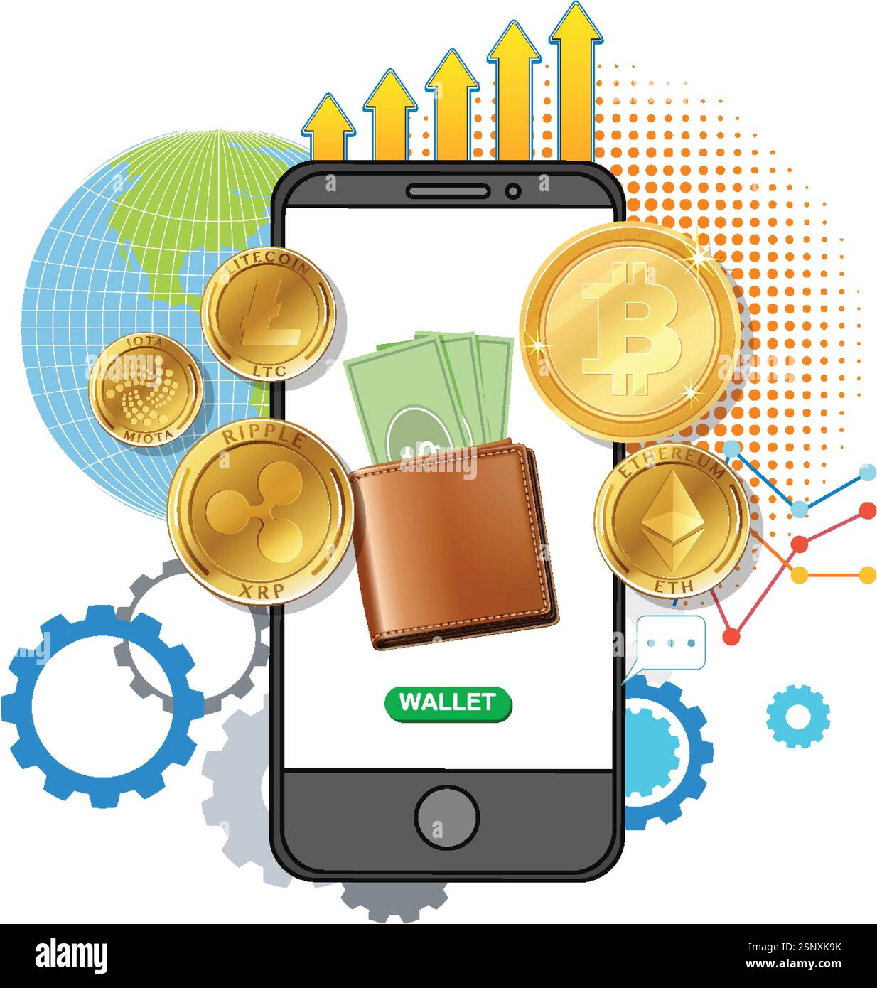 Illustration of mobile wallet with cryptocurrency symbols Stock Vector ...