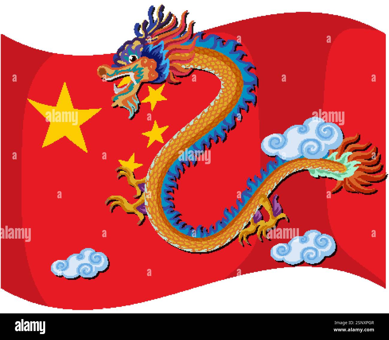 Colorful dragon flying over Chinese flag and clouds Stock Vector Image ...