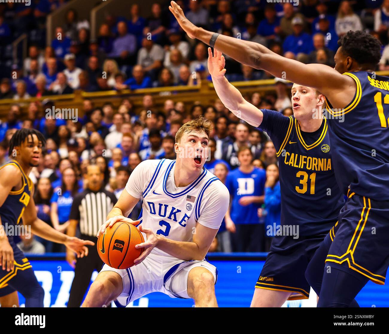February 12, 2025: Duke guard Cooper Flagg (2) driving to basket defended by California forward ...