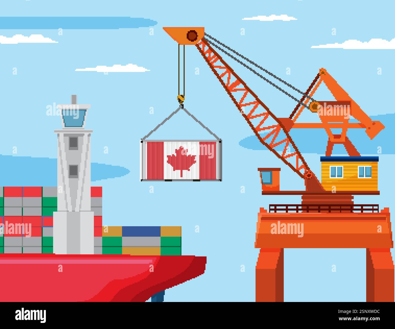 Crane lifting Canadian container at busy shipping port Stock Vector ...