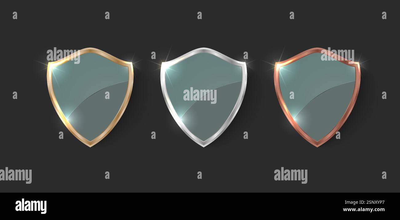 Golden, Silver and bronze Shield Emblem Collection for Modern Technology, Business Security, and ...