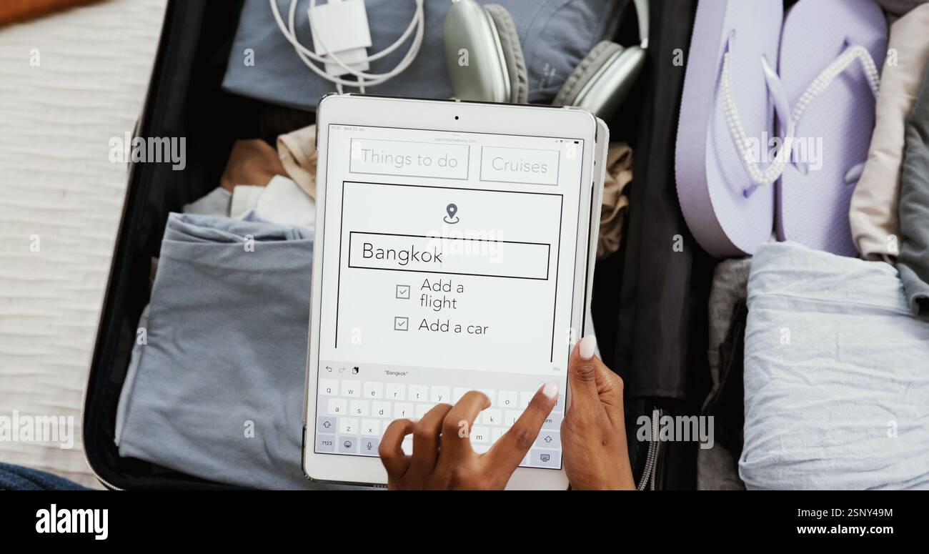 Luggage, tablet screen and schedule with hands of woman at home for app ...