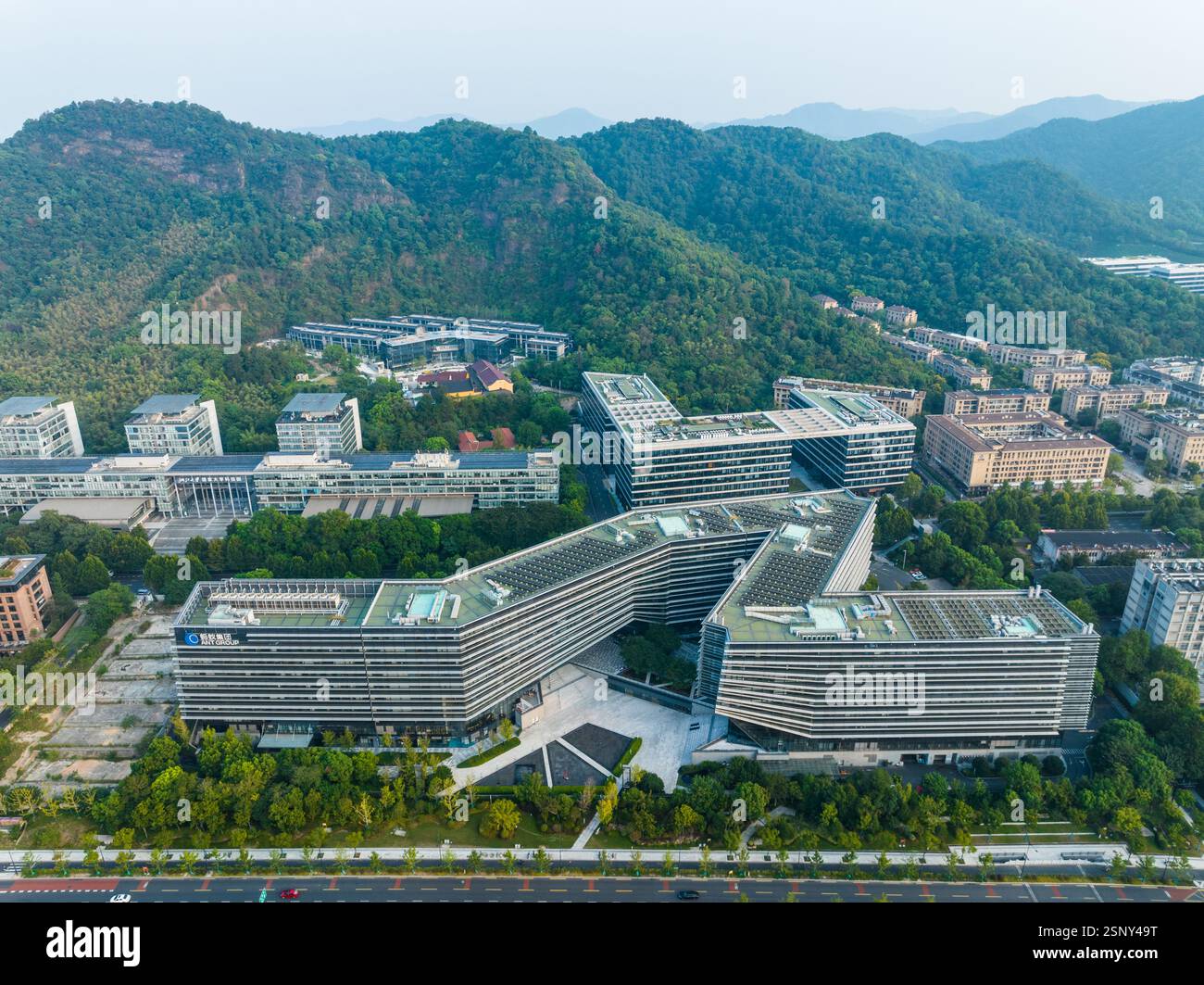 An aerial photo shows the headquarters building of Alipay in Hangzhou ...