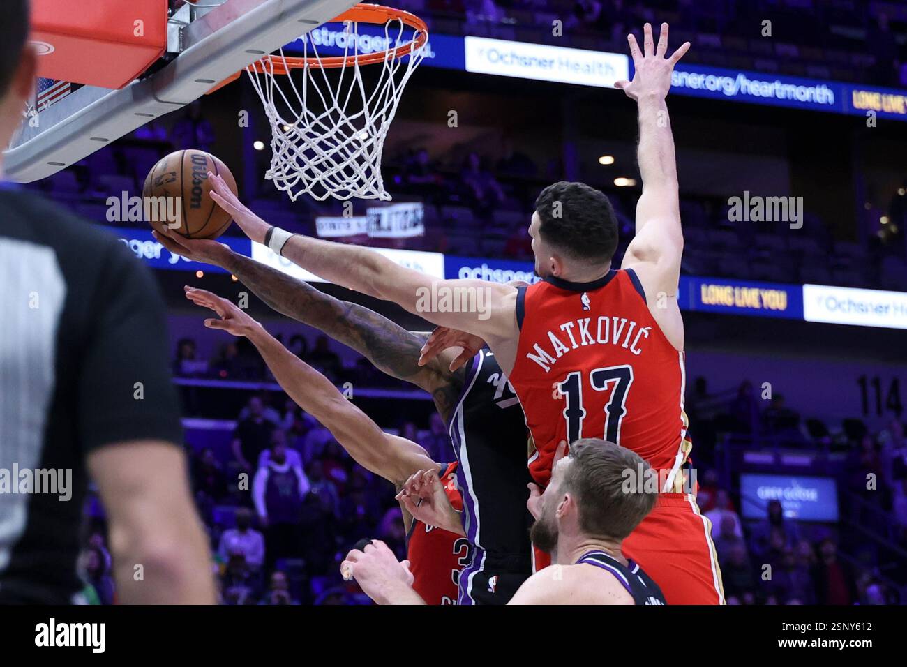 New Orleans Pelicans center Karlo Matkovic (17) blocks Sacramento Kings ...