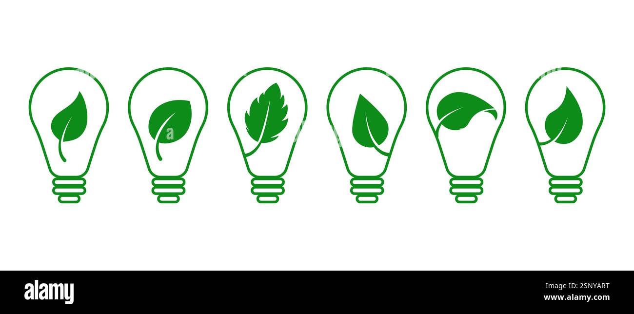 Green Energy Light Bulbs with Leaf Symbols for Eco-Friendly Branding, Sustainability Projects ...