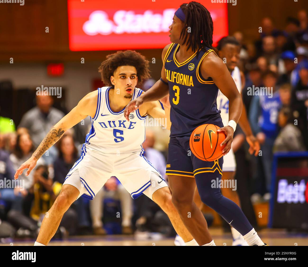 February 12, 2025: Duke guard Tyrese Proctor (5) defending California ...