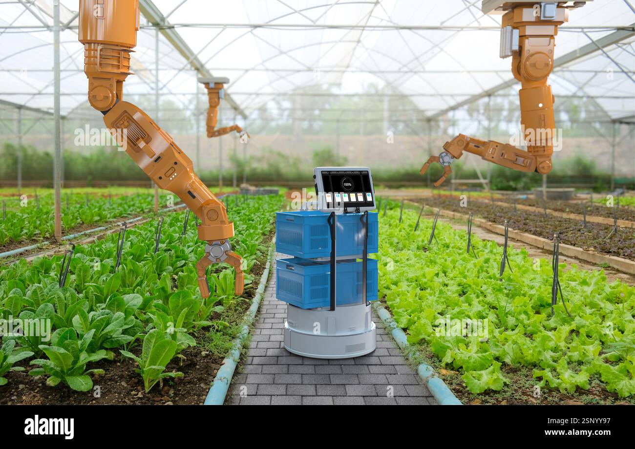 Agriculture technology concept with 3d rendering robotic arm harvest ...