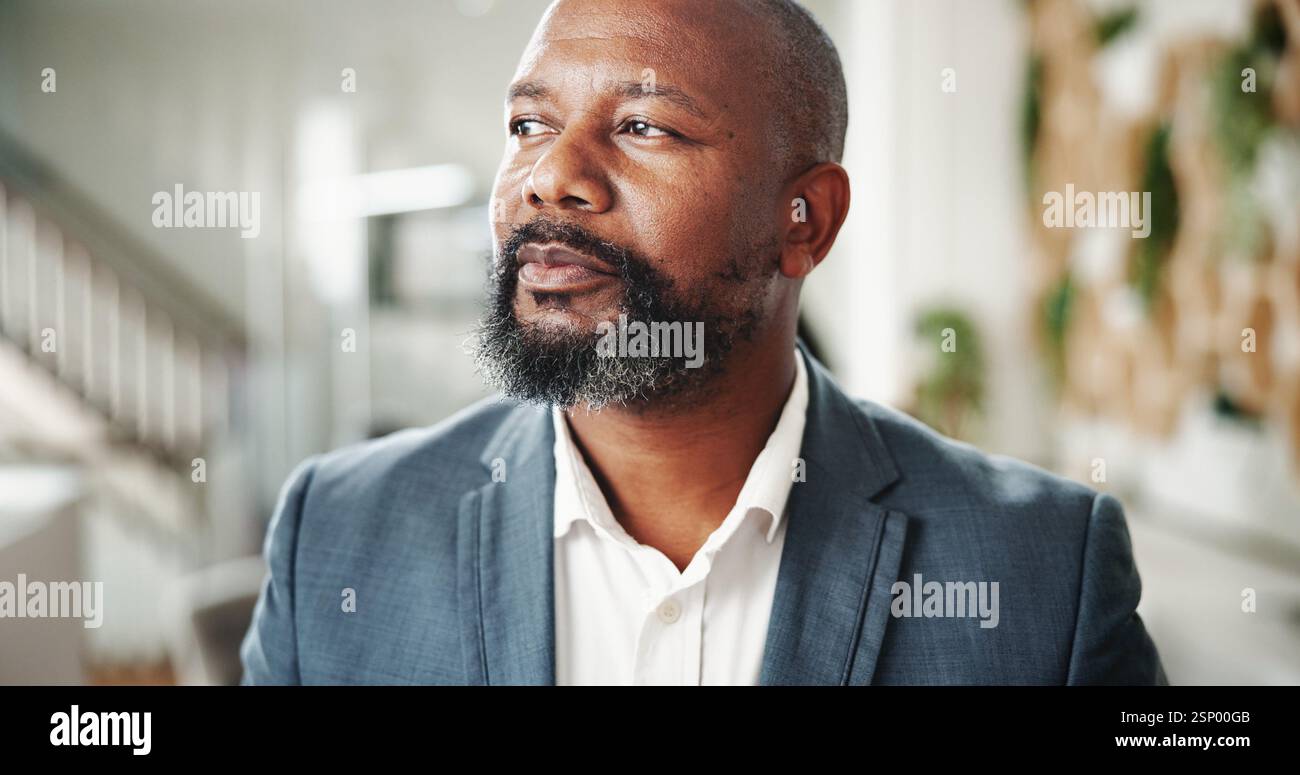 Mature black man, creative business and thinking with idea, decision ...