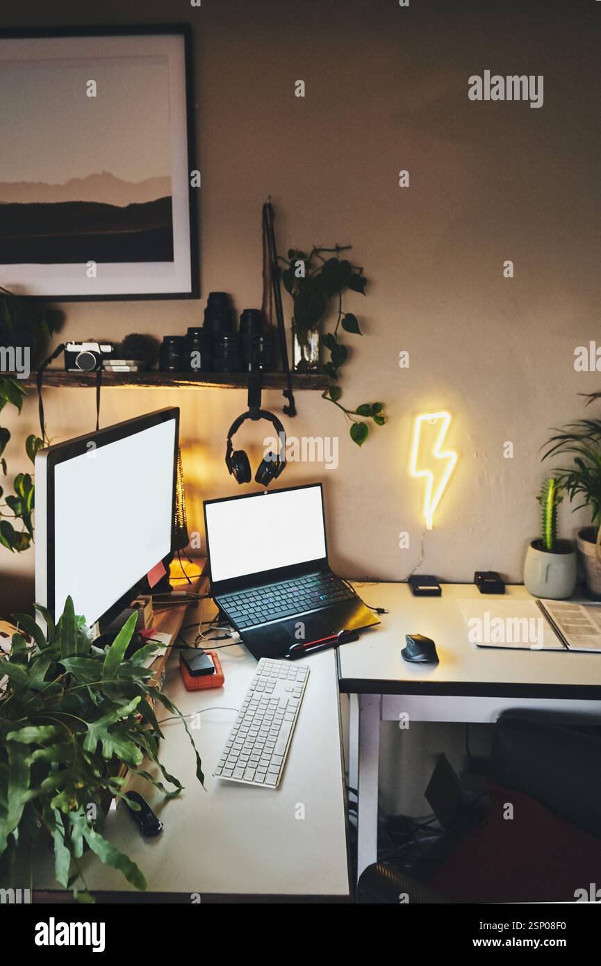 Empty, workstation and tech on furniture, laptop and equipment for work ...