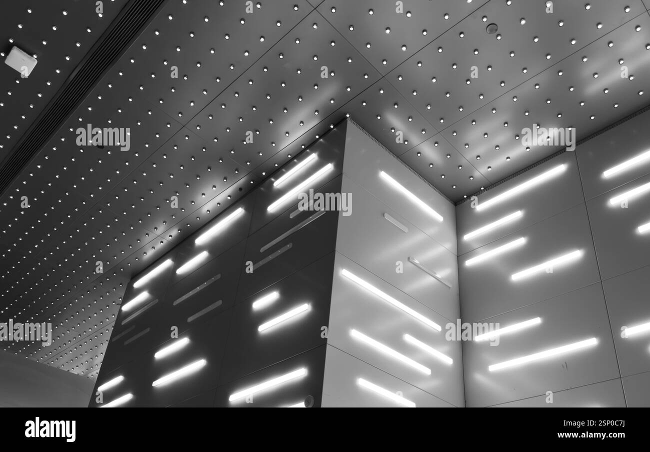 Lights and ventilation system in long line on ceiling of the industrial ...