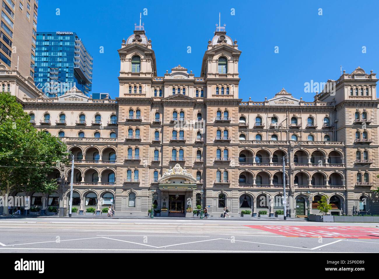 Old stone facade of Windsor Hotel, historic hotel built in 1884 and the ...