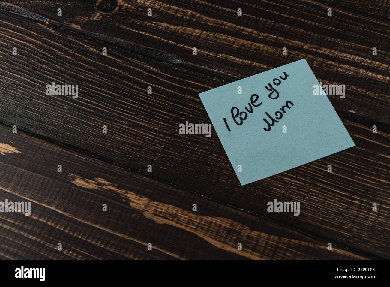 A handwritten note on a blue sticky paper reads I love you Mom resting ...