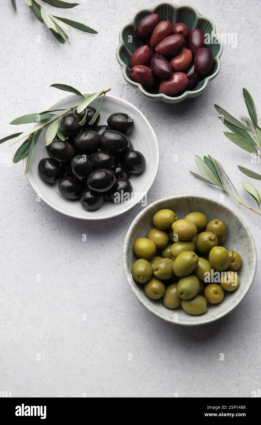 Variety of olives with olive tree branches, creating a mediterranean ...
