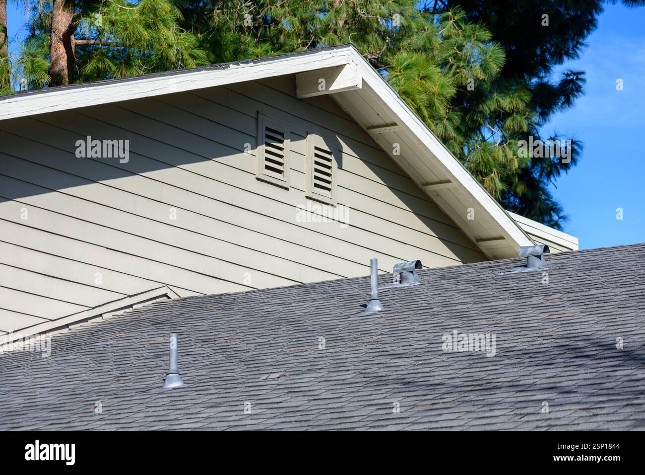 Sloped asphalt shingle roof with multiple metal vents, beige siding ...