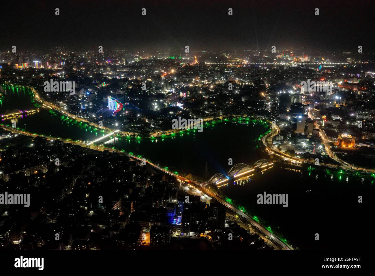 A stunning aerial night view of the Hatirjheel project in Dhaka ...