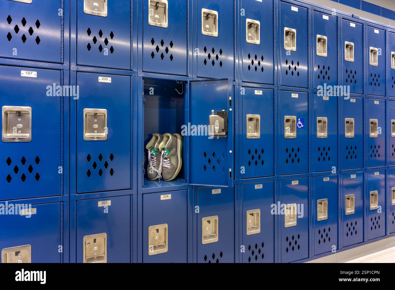 Empty team locker, locker room, changing room with traditional blue ...