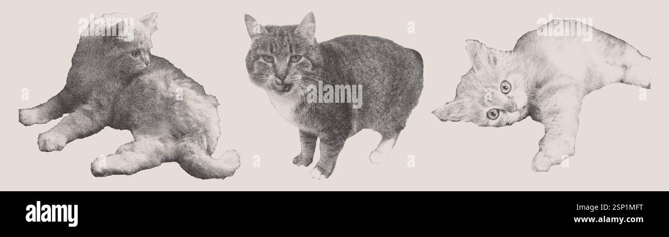 Set of cute halftone cats. Trendy stippling collage elements Stock ...