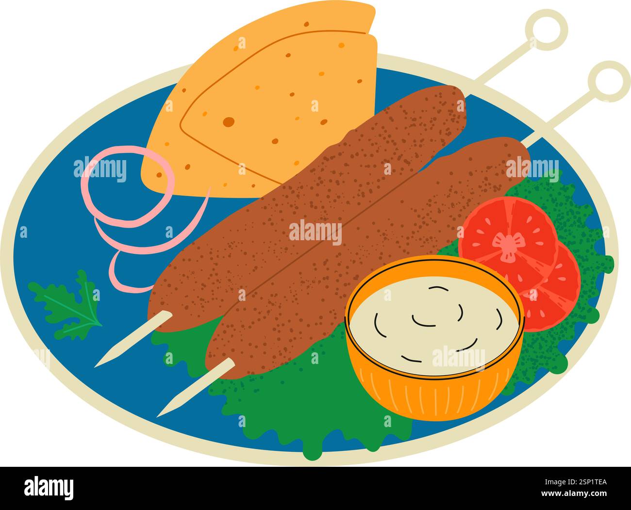 Kebab on skewers. Grill barbecue food. Hand drawn vector illustration ...
