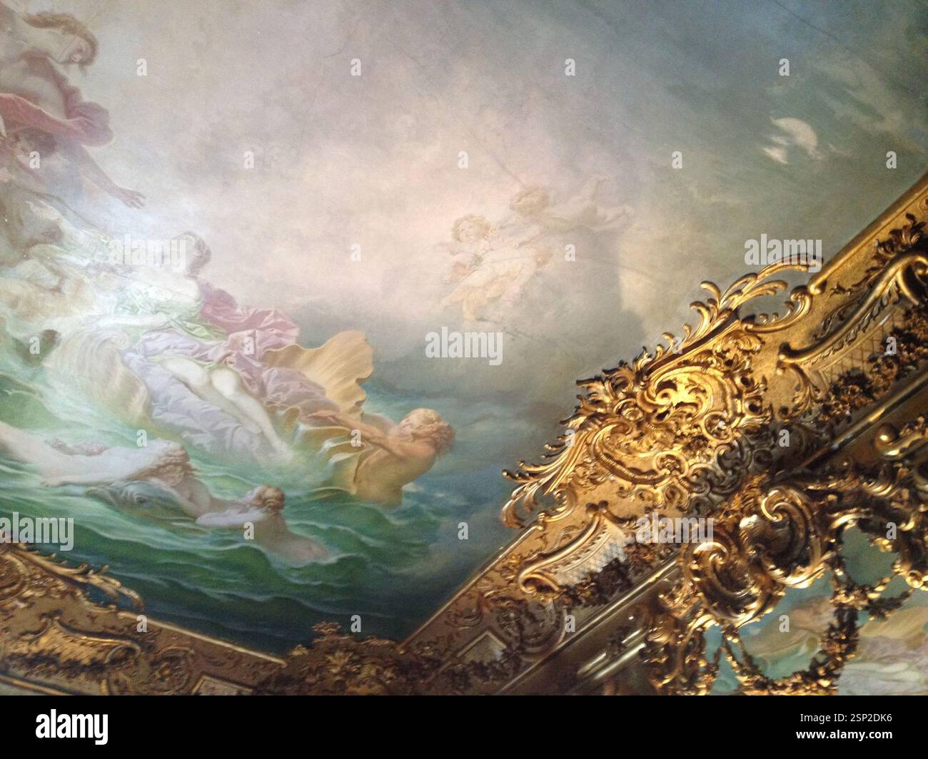 Ornate ceiling painting, Germany, Munich. Mythological figures dance ...