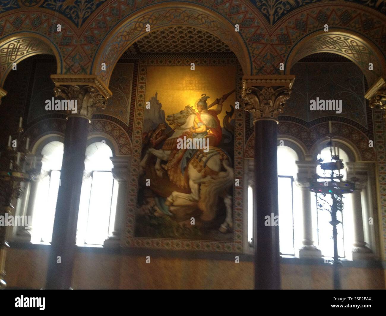 Byzantine-inspired mural in Germany, Munich. A knight, mounted on a ...