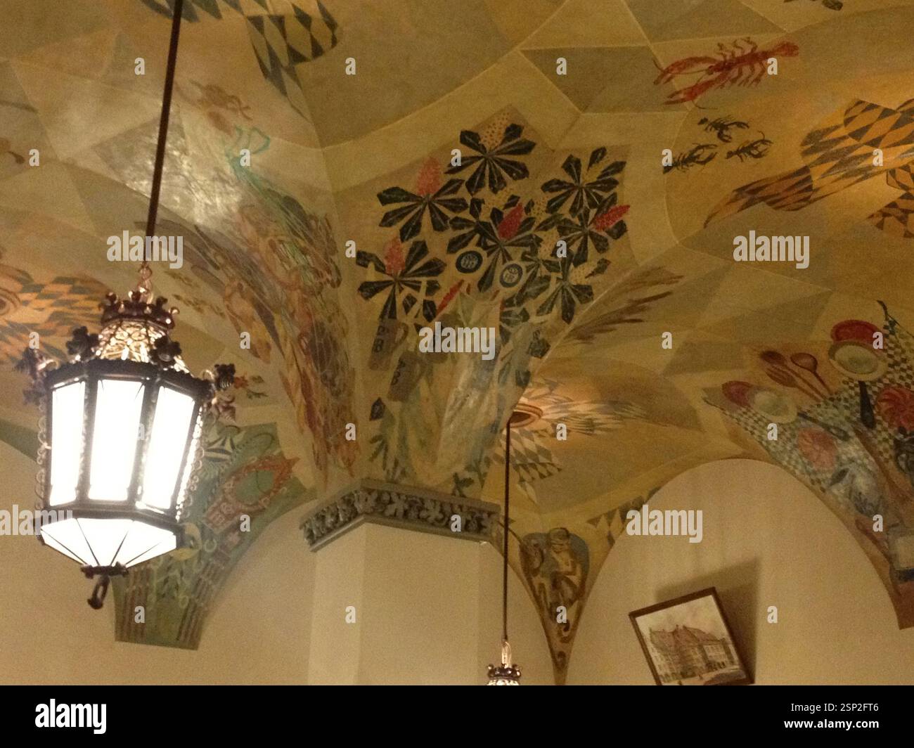 Intricate ceiling mural with hanging lanterns. Art Deco masterpiece ...