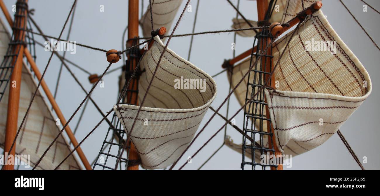Masts of Sailing Ship. Closeup Detail of Mast and Sails. Crows nest ...