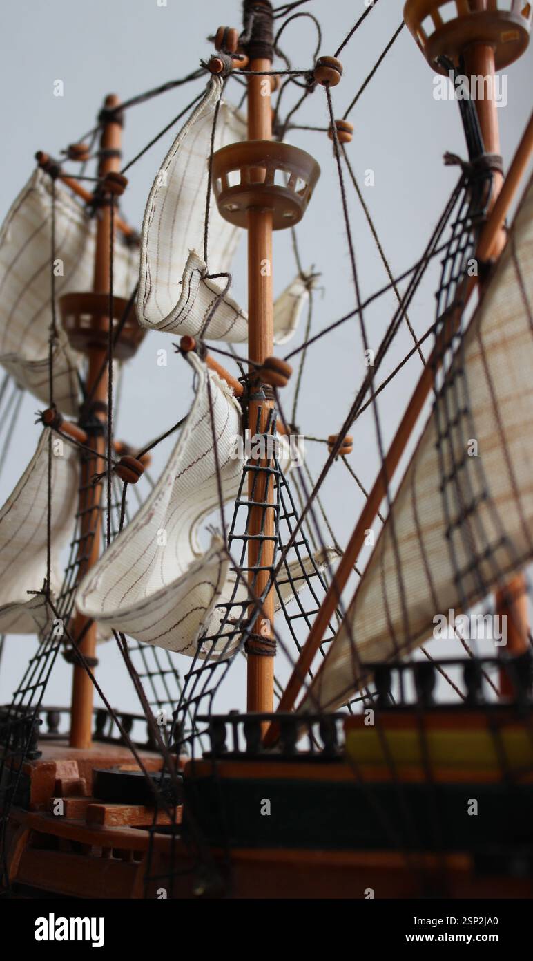 The deck of a three-masted pirate ship with sails and rigging. Deck ...