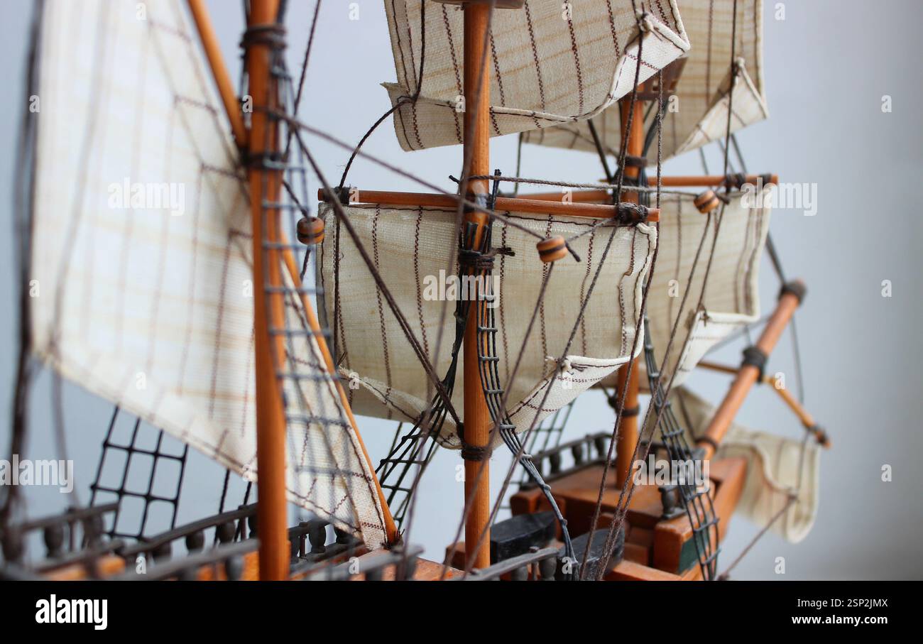 View along the deck of a wooden model of a medieval sailing ship to the ...