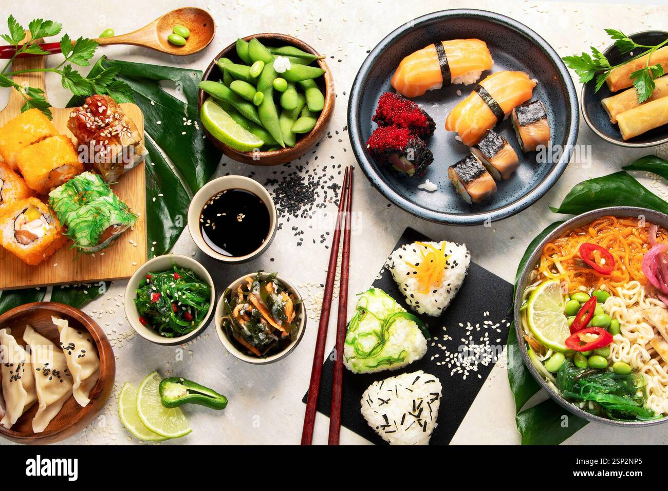 Japanese food assortment on light background. Traditional food concept ...