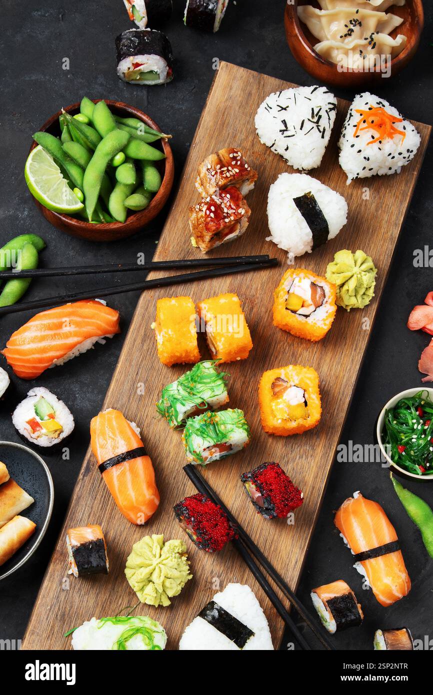 Japanese food assortment on dark background. Traditional food concept ...