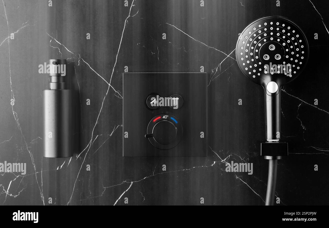 An elegant thermostatic shower setup featuring both a dispenser and a ...