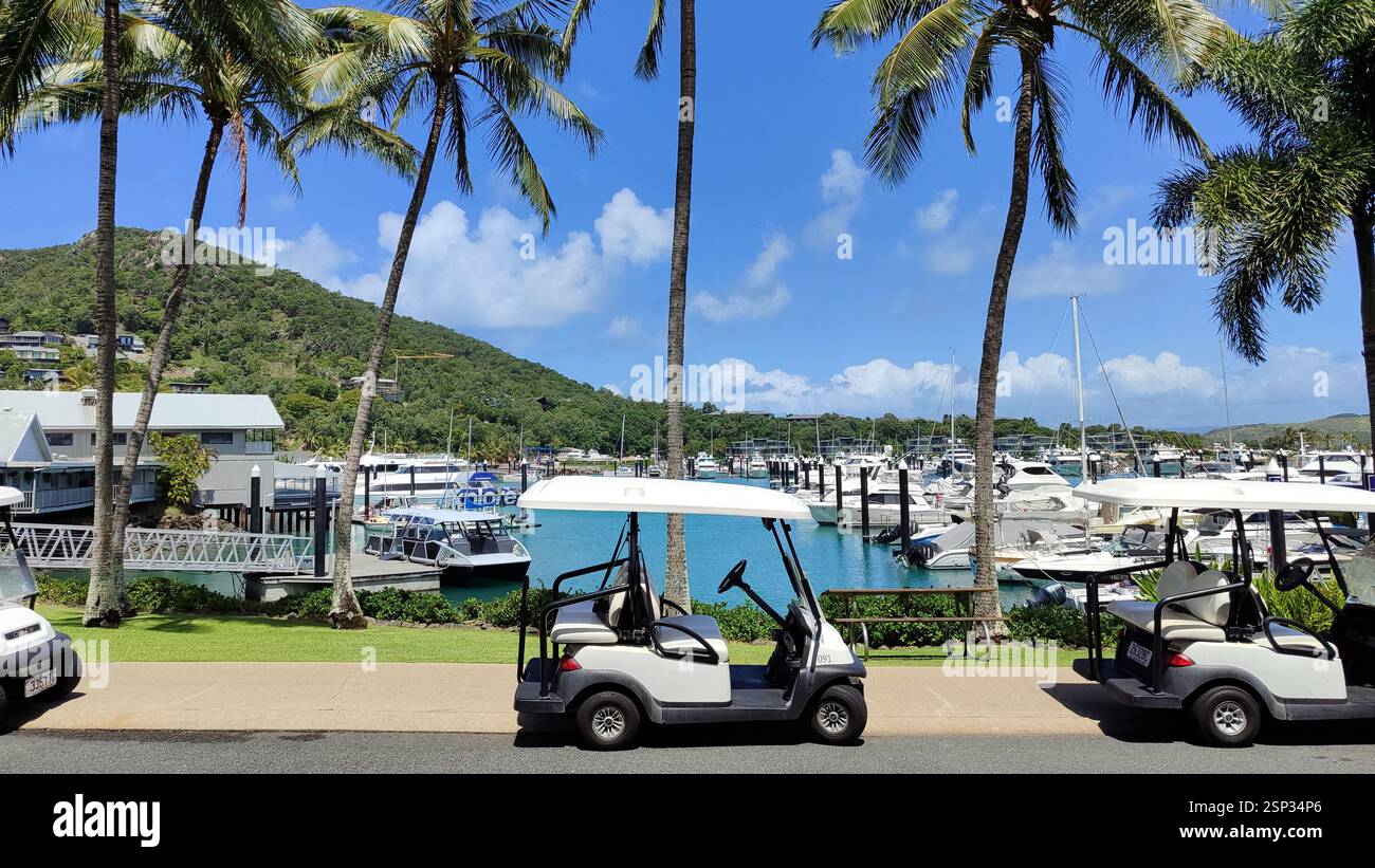 Two golf carts parked next to each other on a dock at Hamilton Island's ...
