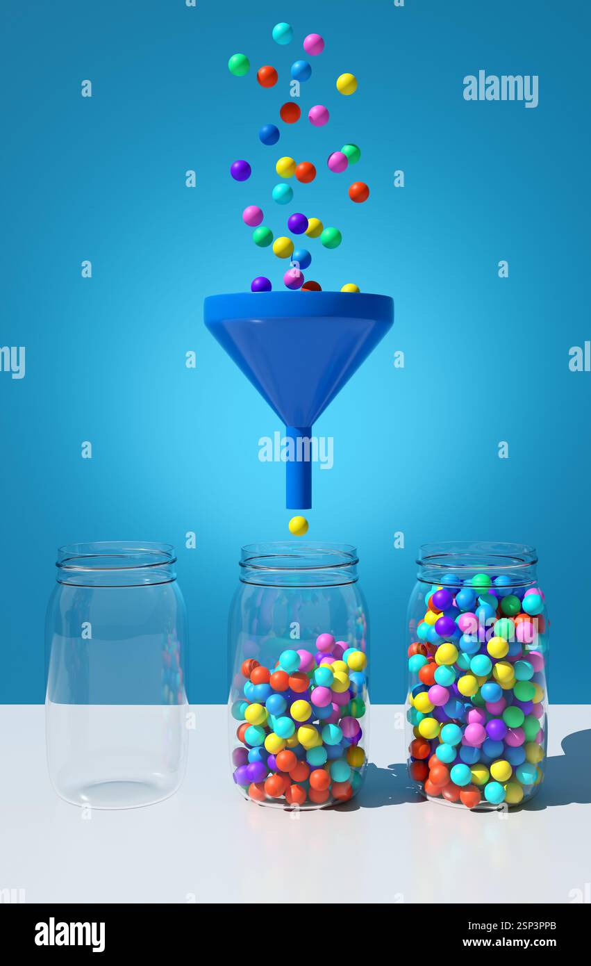 Colorful candies or gumballs are pouring through a blue funnel into a ...
