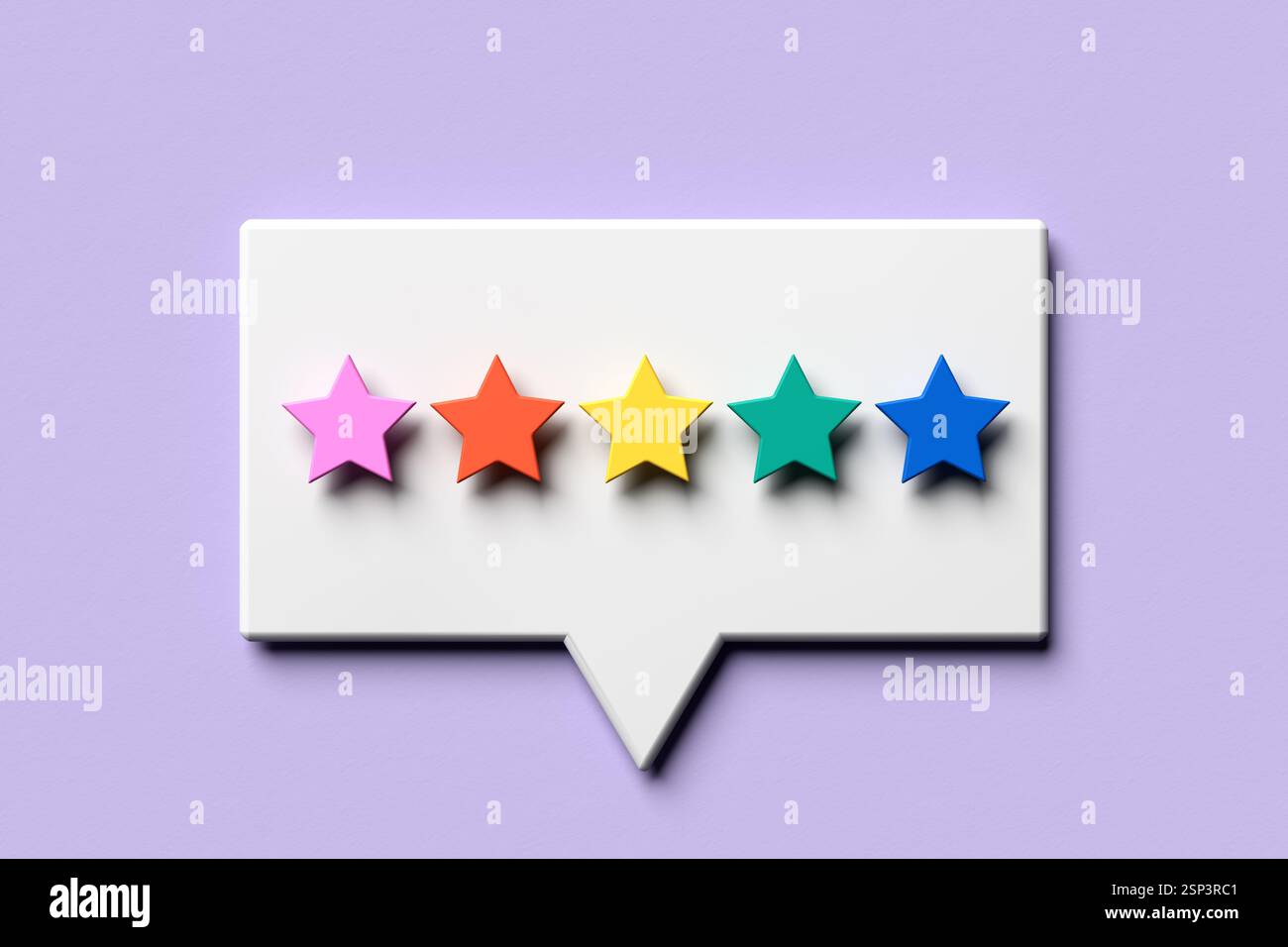3d rendering of five colorful stars on a white speech bubble ...