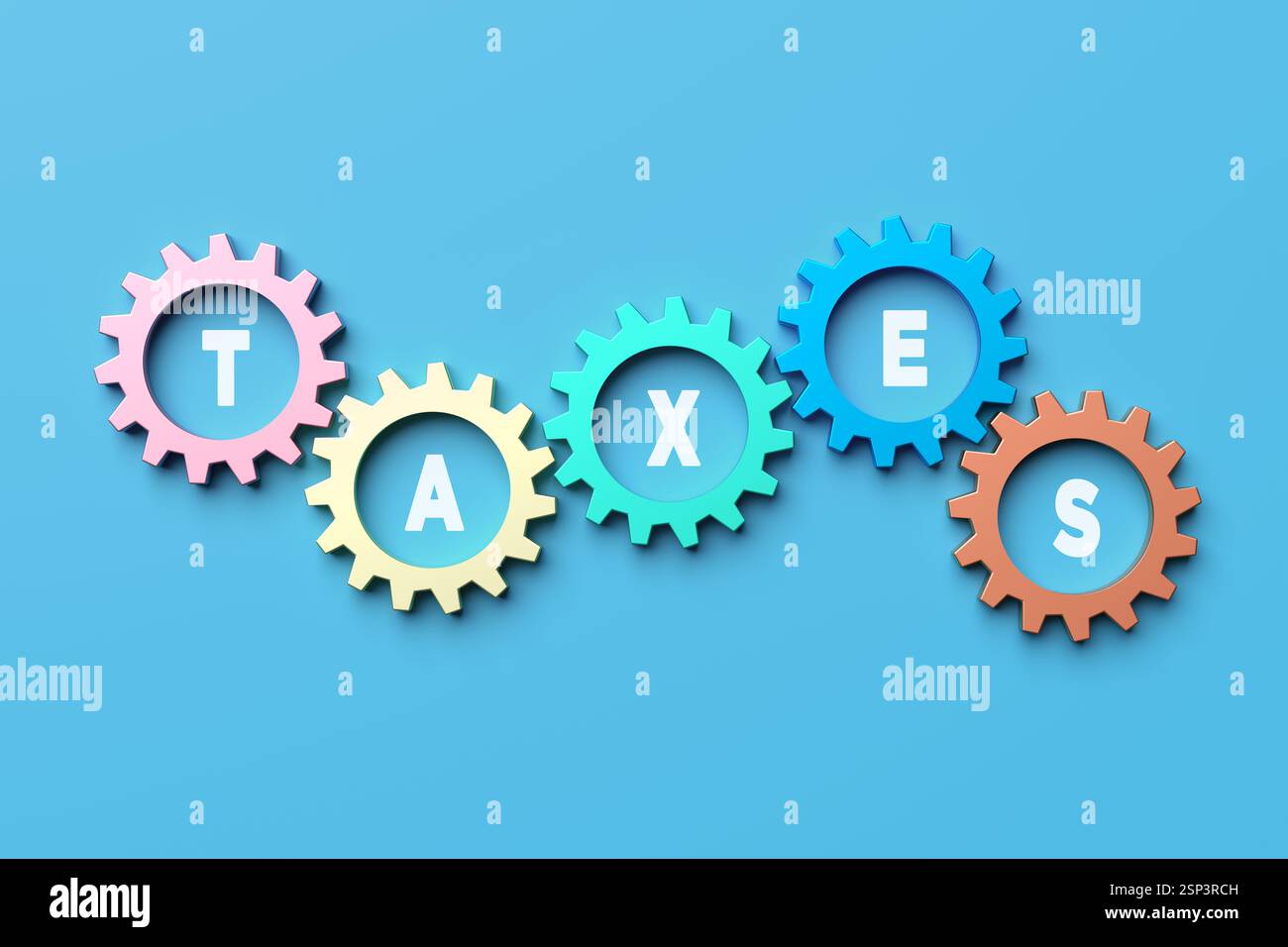 Colorful interlocking gears spelling the word taxes on a blue ...
