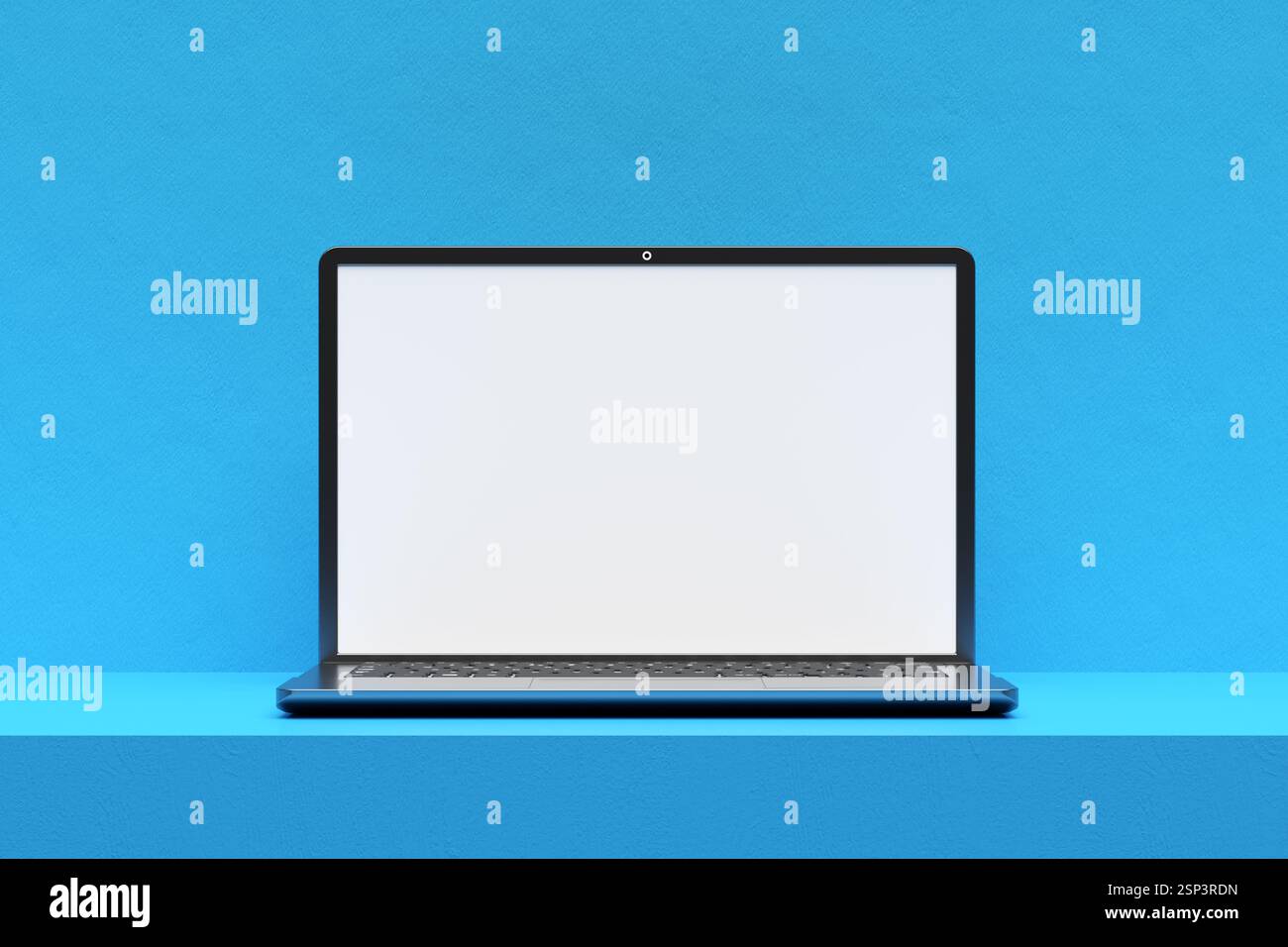 Slim laptop displaying a blank screen on a vibrant blue backdrop ...