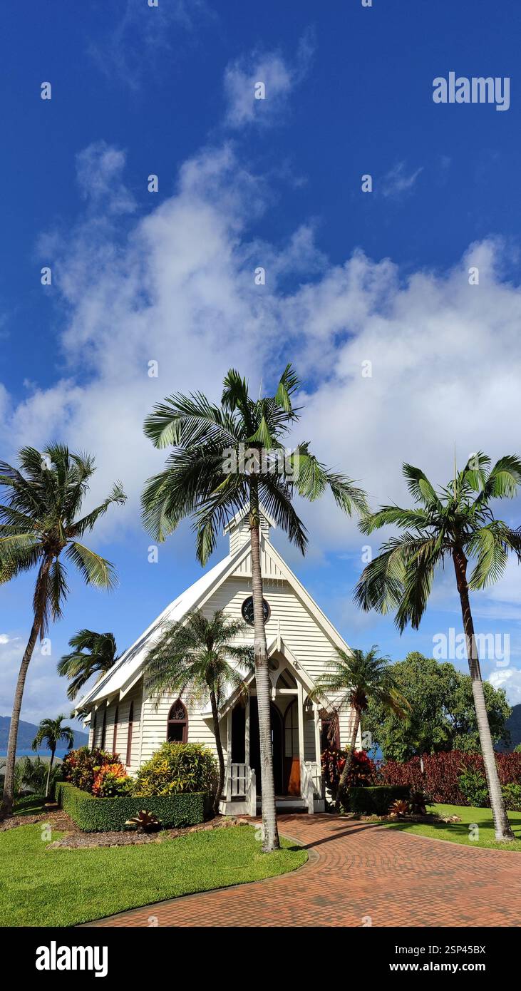 White chapel with palm trees, tropical serenity. Possible destination ...