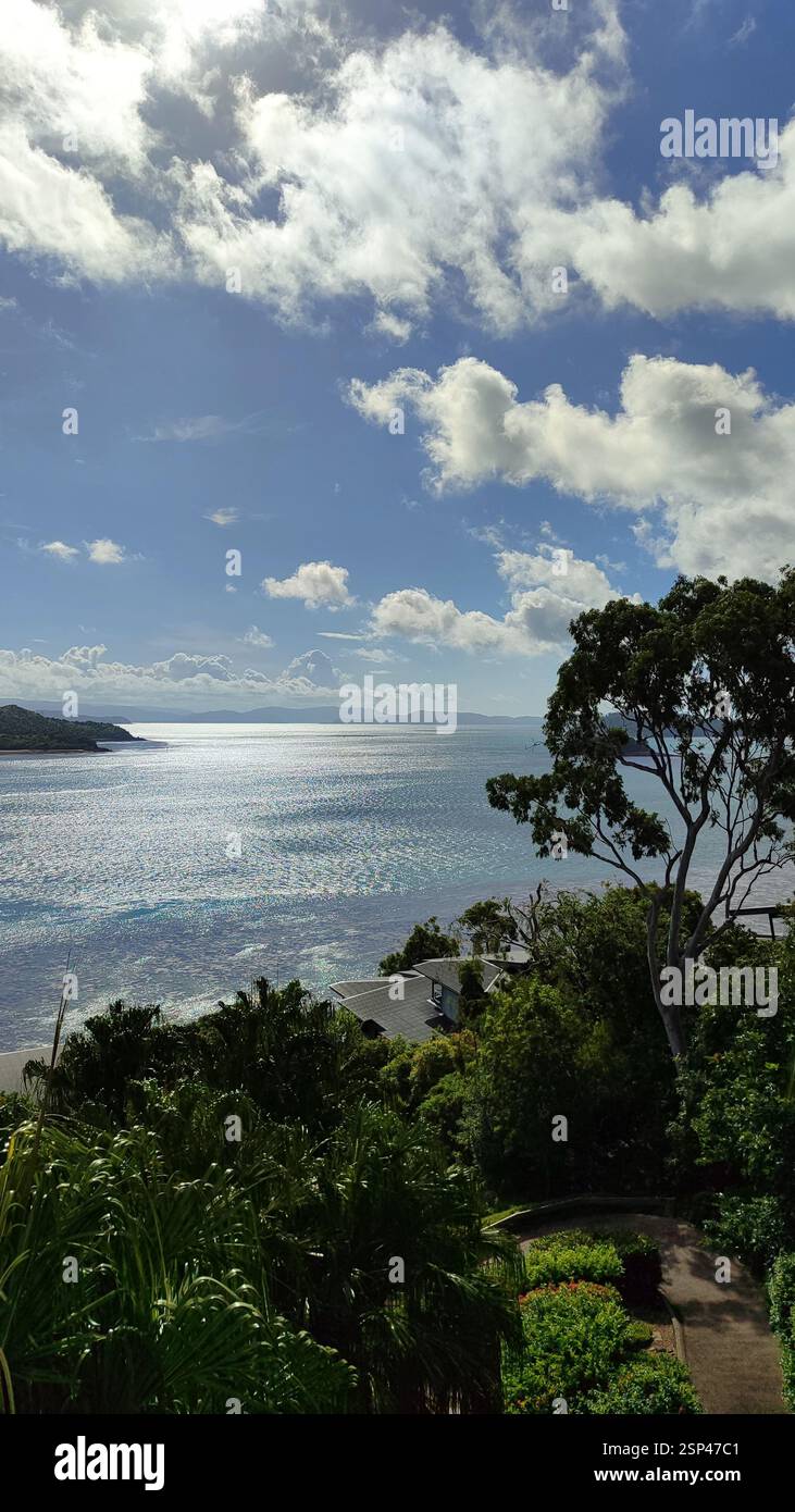 Tropical island view. Lush green hilltop overlooking a blue ocean with ...